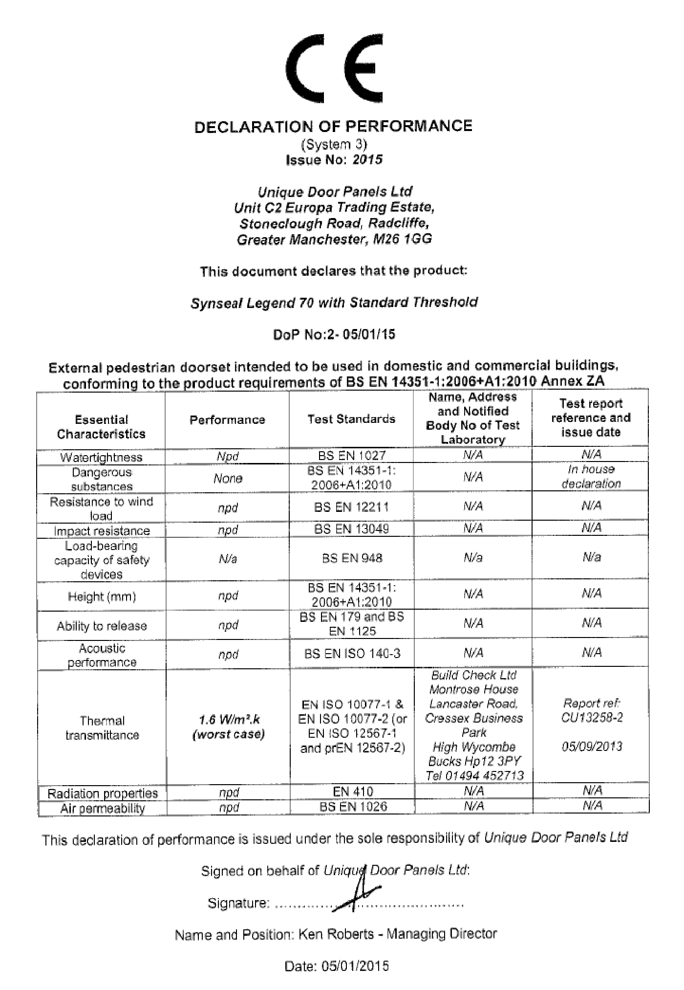 Unique Composite Doors CE Certificates